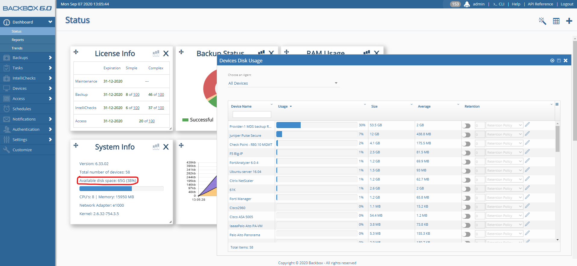 BackBox Low Disk Space Alert: Freeing up space